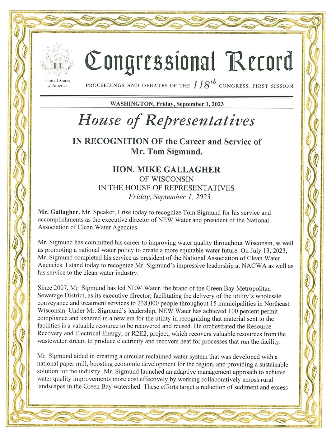 Congressional Record Presentation